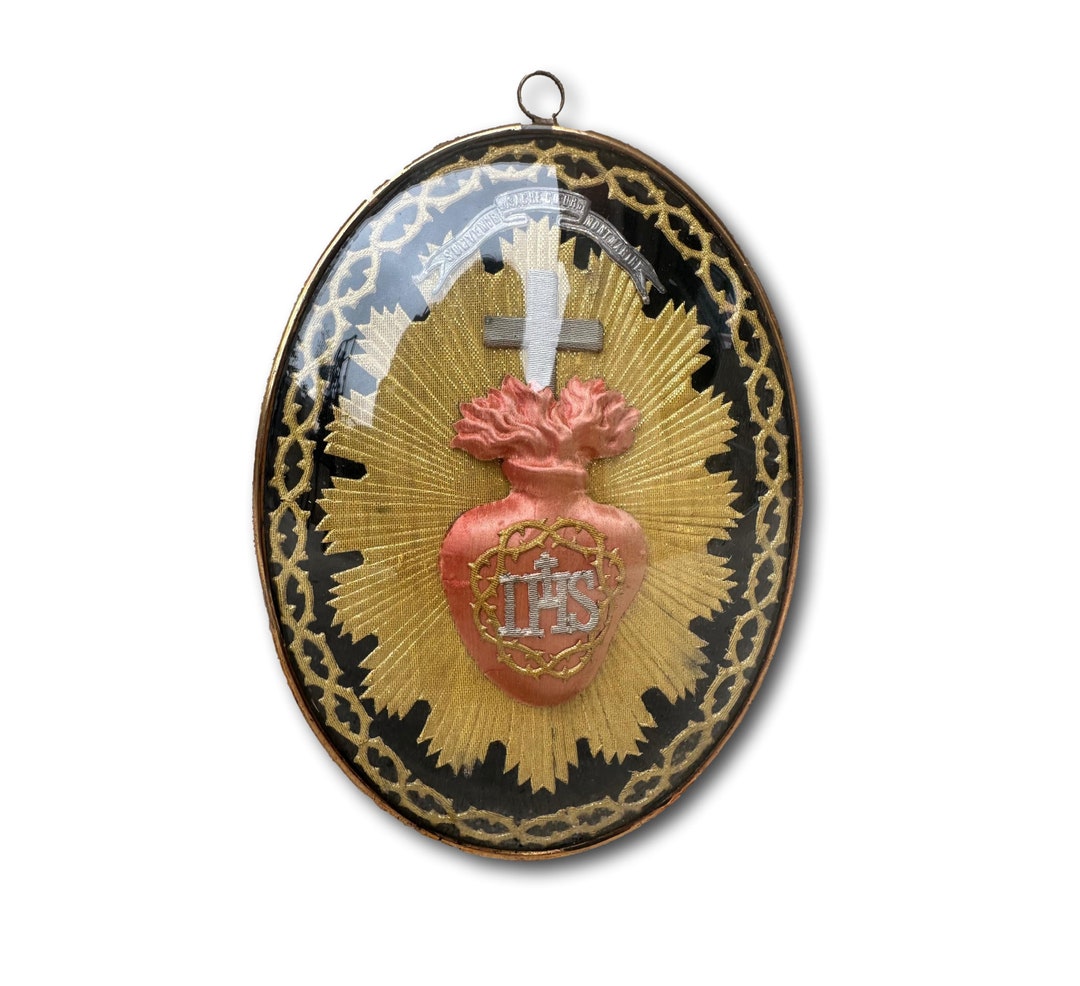 RARE French Antique Large Sacred Heart Reliquary, Nun Work Souvenir of ...