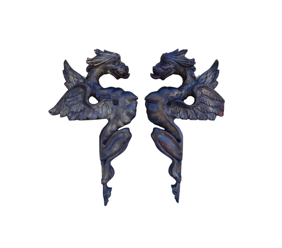 XXL Pair of Large Hand Carved Griffin Chimera Dragon Pediment, Carved ...