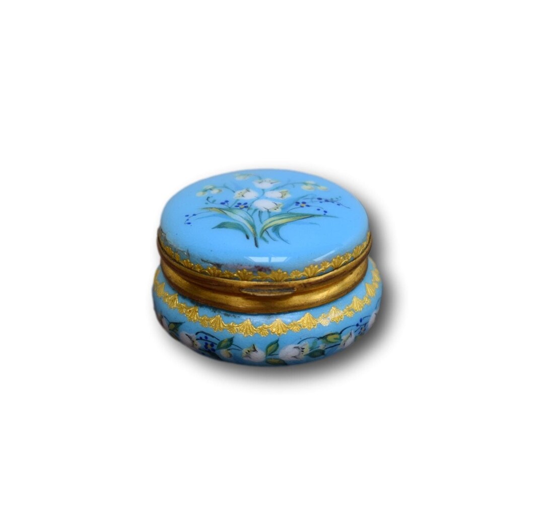 Turquoise Blue Enamel Pill Box Patch Box Small Round Trinket Keeper ...