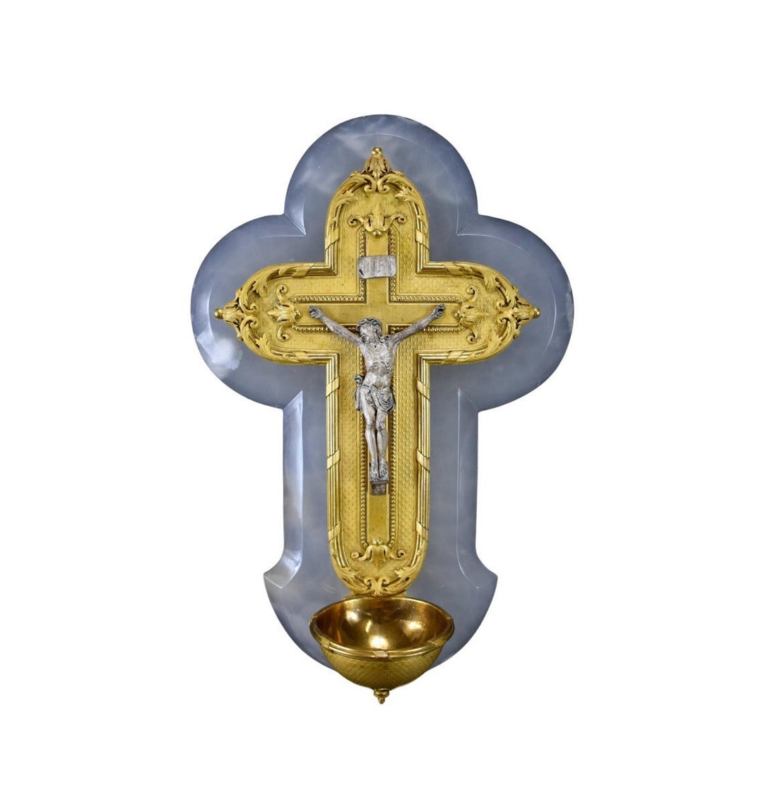 GORGEOUS Antique French Holy Water Font, Gilded Bronze Crucifix, Wall ...