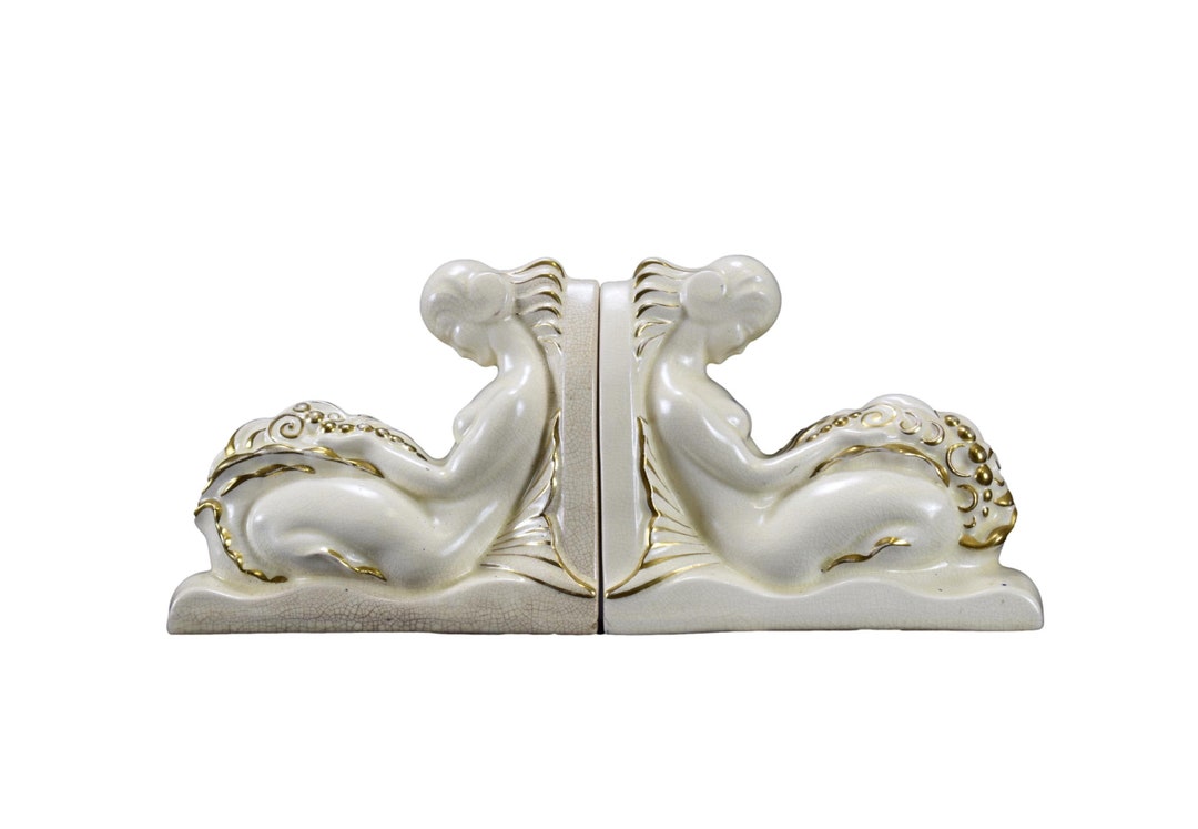 Art Deco Pair of Mermaid Bookends by LEJAN Orchies White Ceramic - Etsy