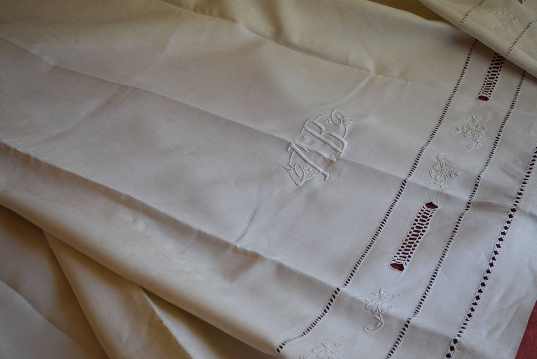Hand-embroidered Metis Linen Dowry Sheet, Monogram M.B, Antique French ...
