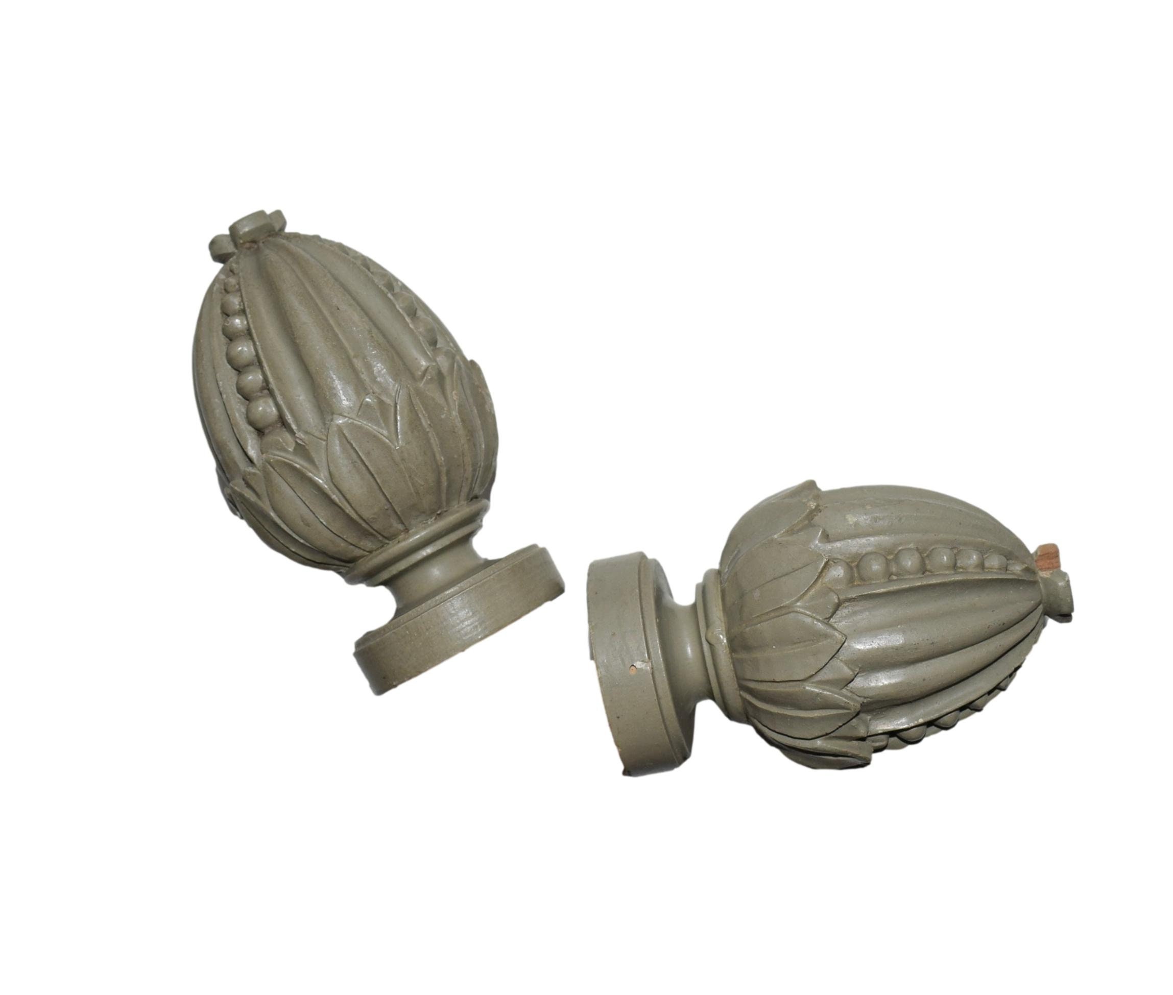 Gustavian Pair of Painted Wood Pineapple Finials, Bed Finials, Salvage Wood, Curtain Rod Finials ...