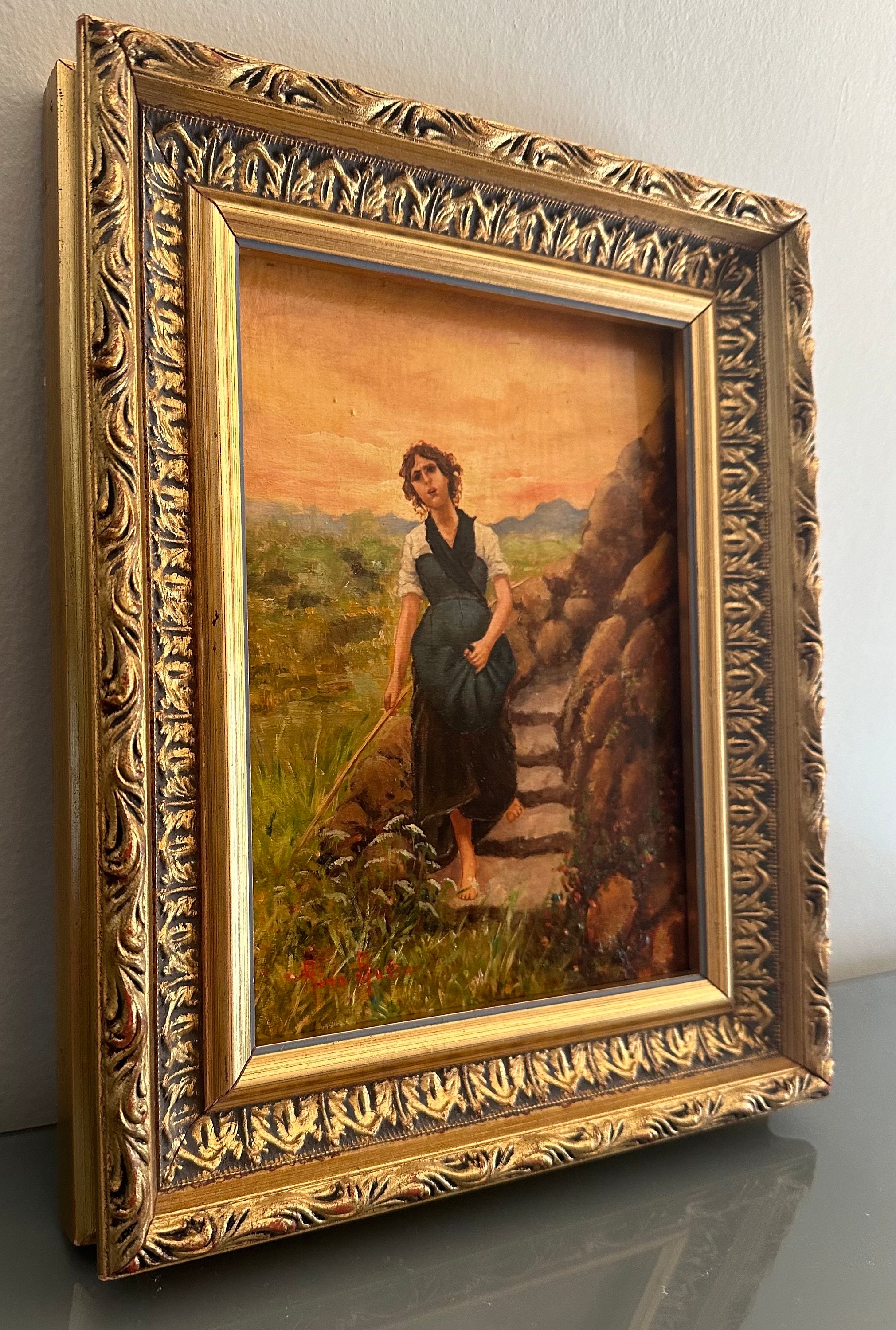 Original Oil Painting, Portrait of a Peasant Girl Walking in the ...