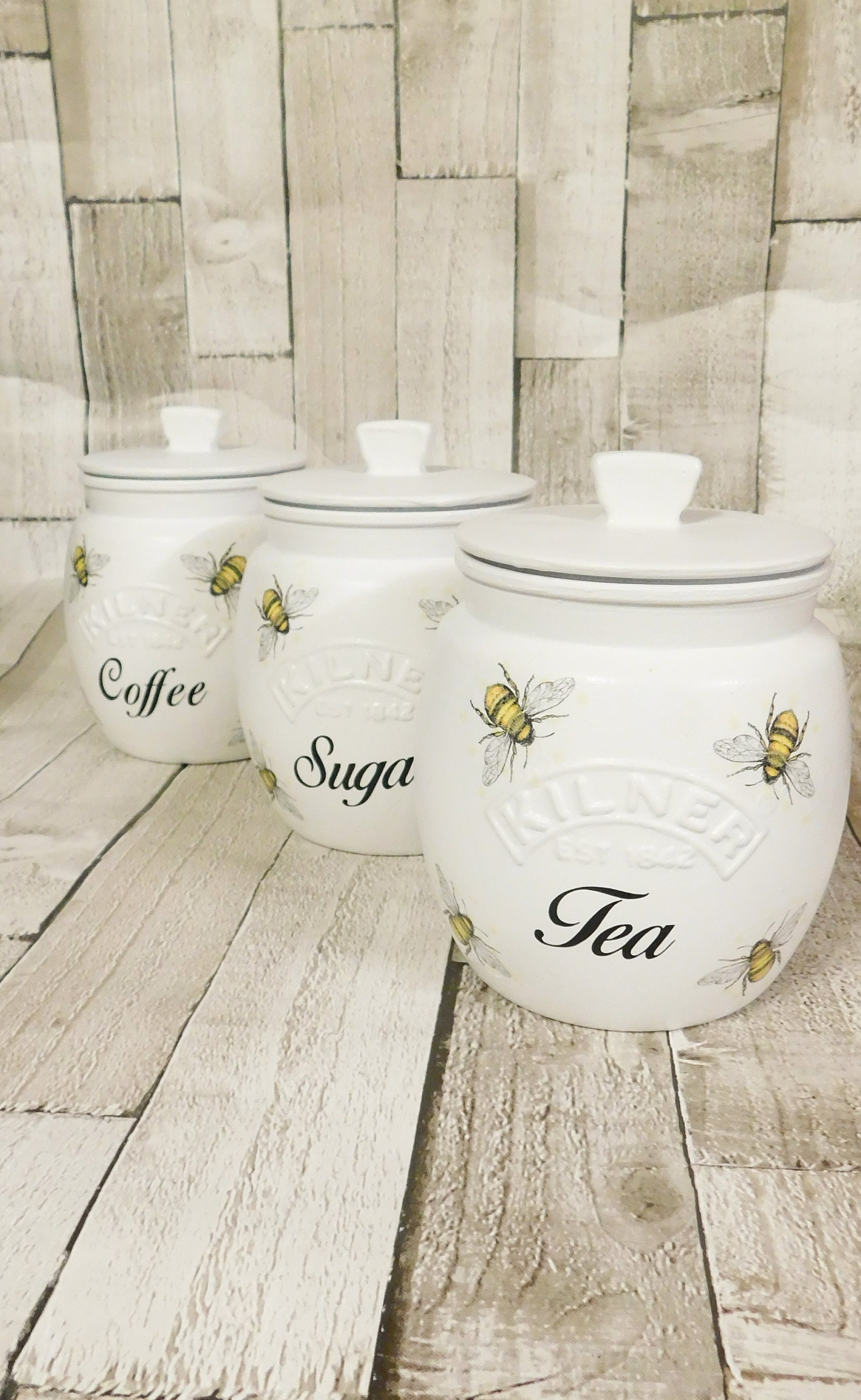 White Honey Bee Kitchen Canisters Tea Coffee Sugar Jars | Etsy UK