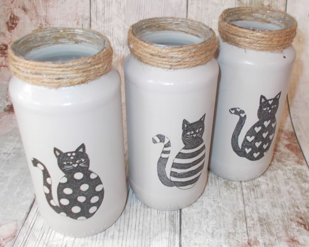 Cat Glass Jars, Set of 3 Decorative Glass Jars in Grey Gray With Cats ...