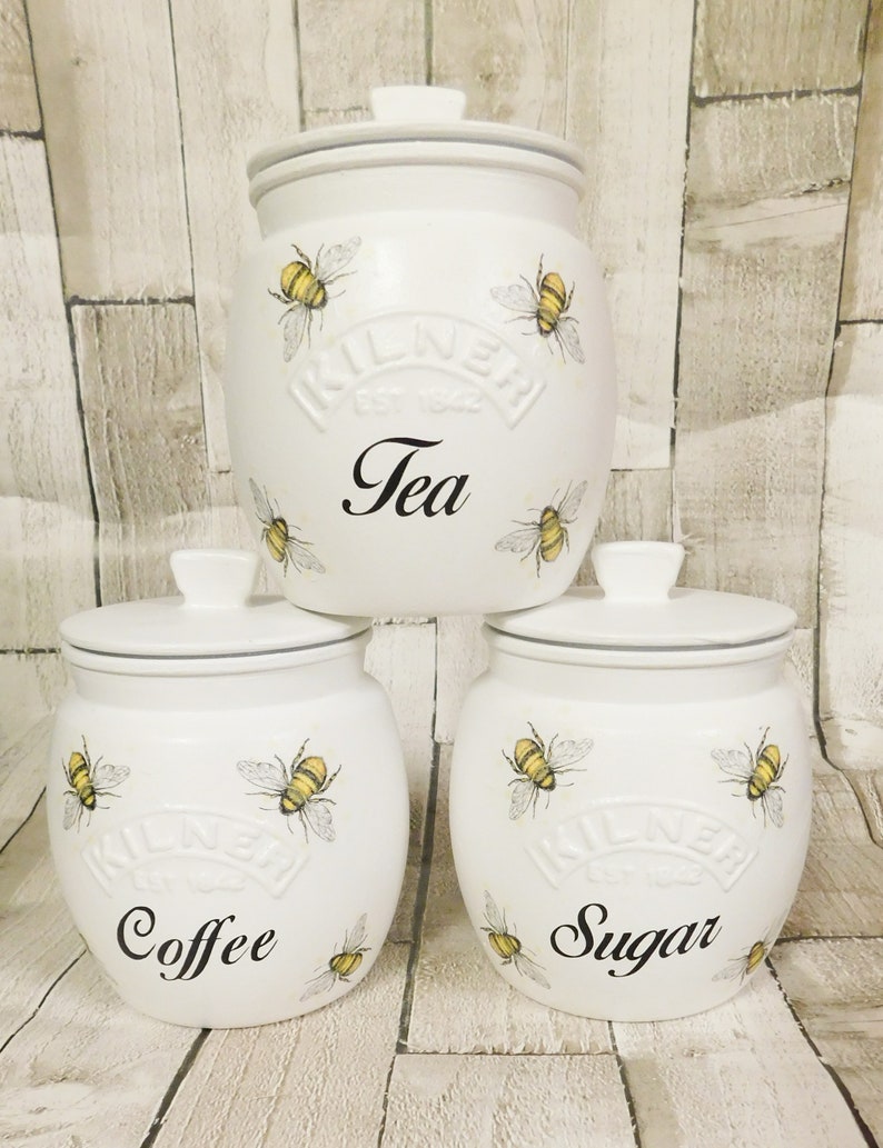 White Honey Bee Kitchen Canisters, Tea Coffee Sugar Jars, Cookie Jar ...