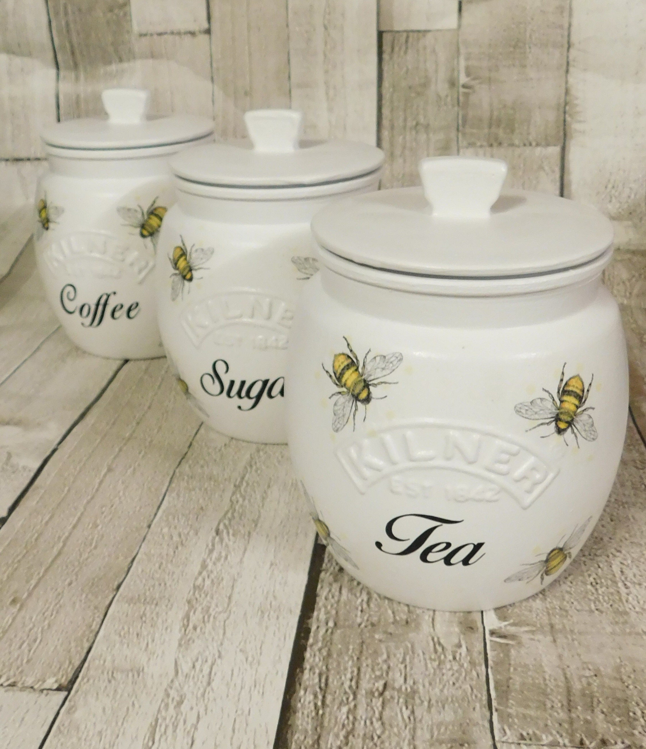 White Honey Bee Kitchen Canisters, Tea Coffee Sugar Jars, Cookie Jar ...