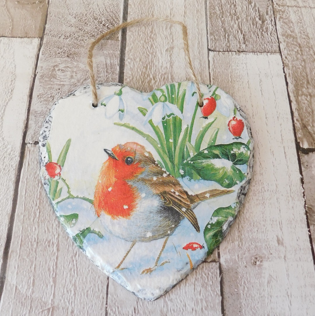 Robin Slate Heart Plaque, Robin and Snowdrops Print , Wall Hanging ...