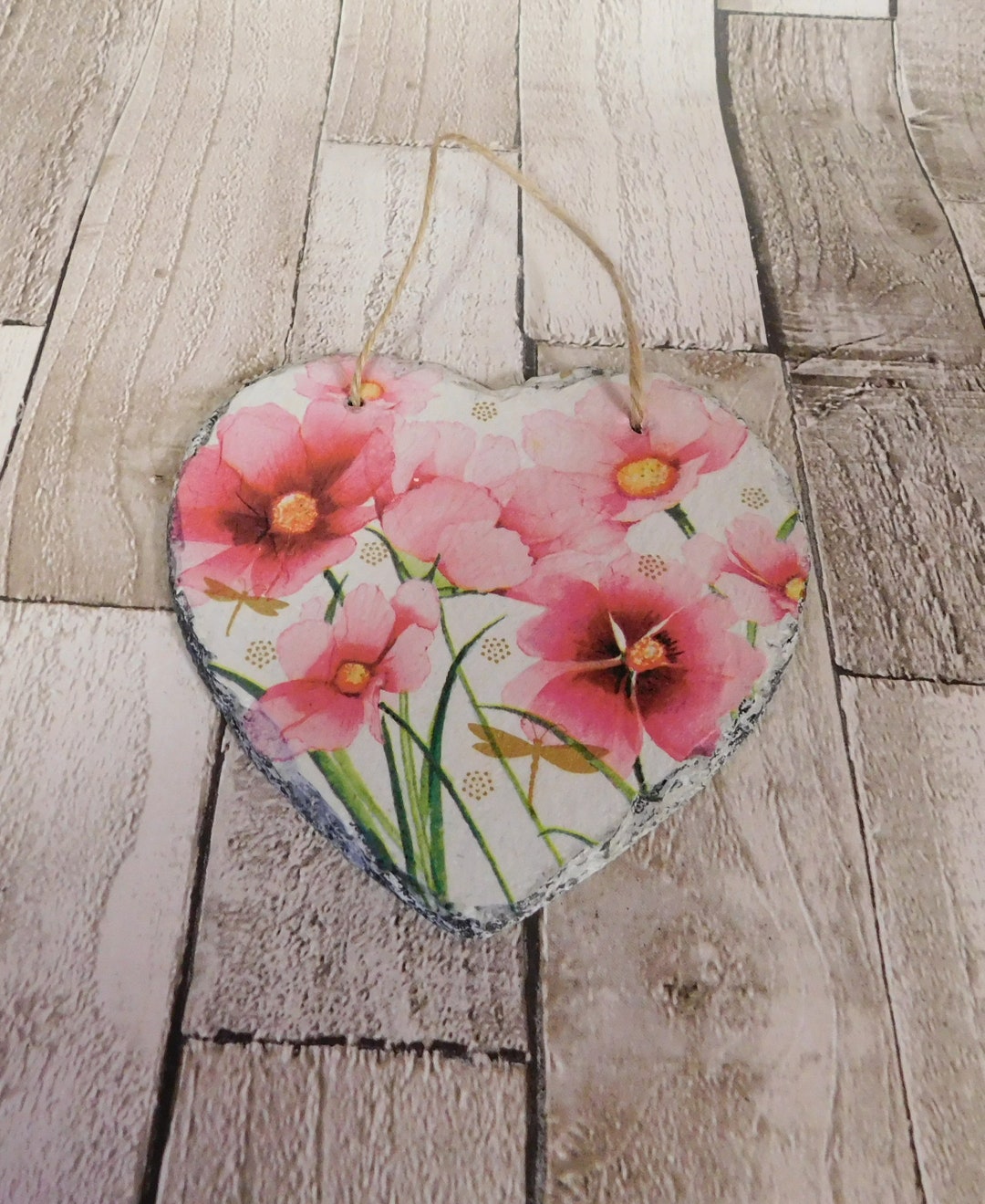 Pink Flowers Slate Heart Plaque, Pink Flowers Print , Wall Hanging ...