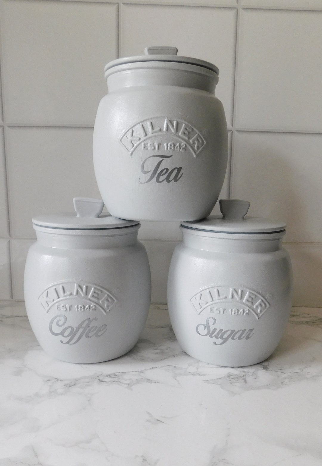 Light Grey Kitchen Canisters, Tea Coffee Sugar Jars, Kilner Retro Jar ...
