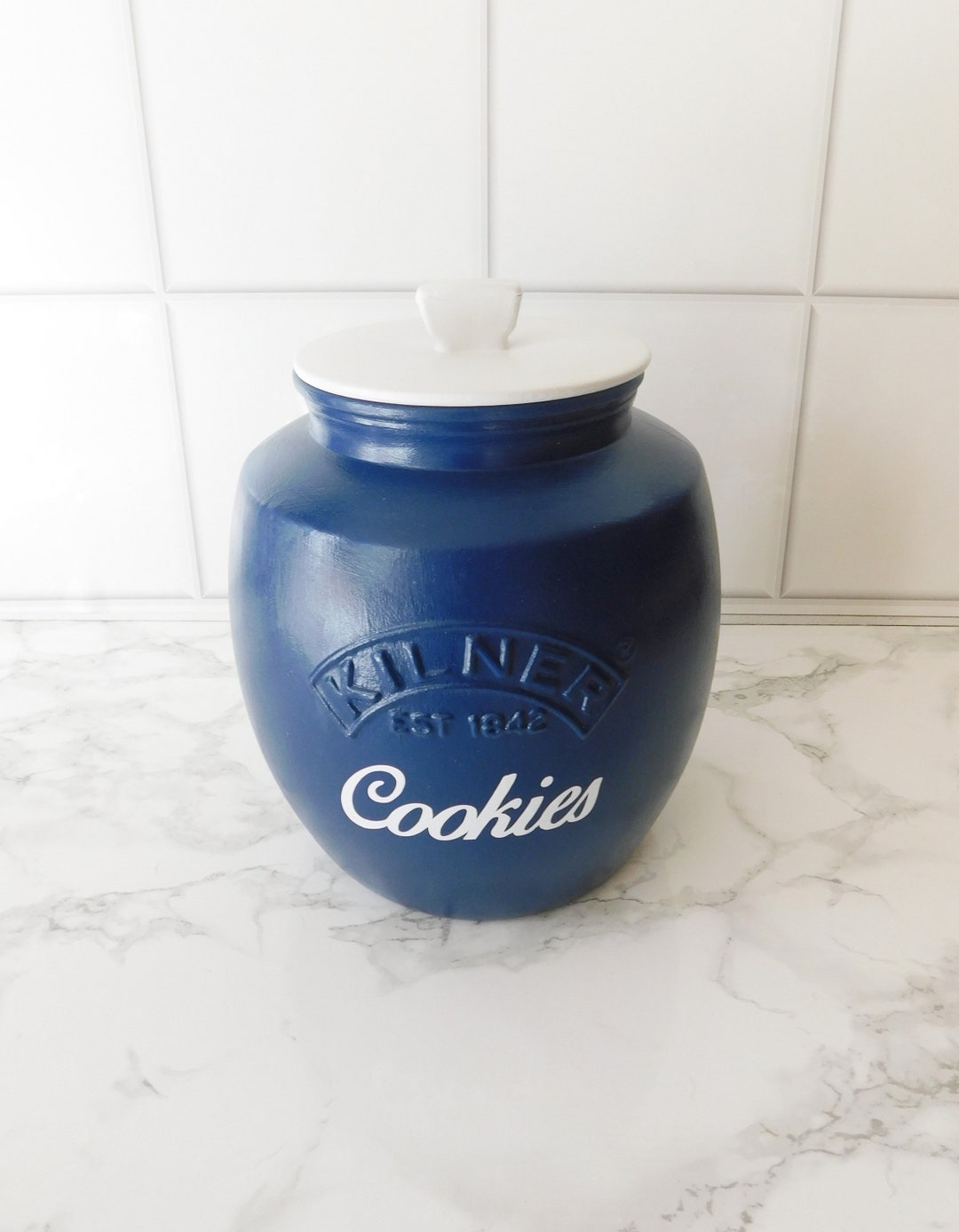 Navy Blue & White Cookie Jar, 2 Litre Kilner Jar, Biscuit Jar, Biscuit ...