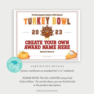 Printable Turkey Bowl Award Winner Certificate, Create Your Own Awards ...