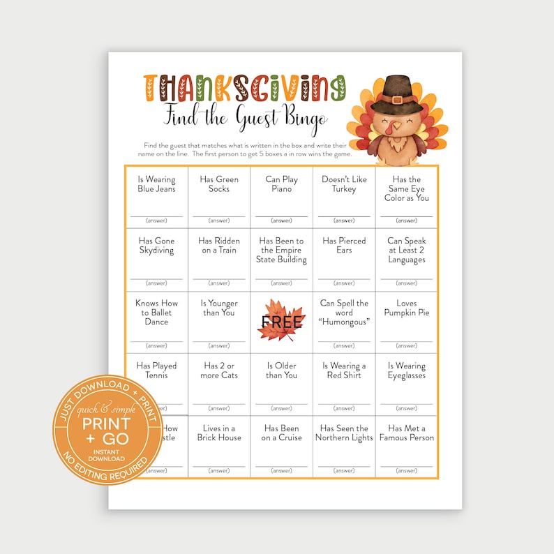 Printable Thanksgiving Find the Guest Bingo, Thanksgiving Game ...