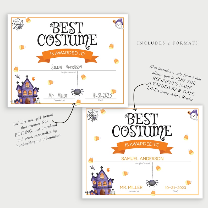 Printable Halloween Best Costume Award Certificate, Trick or Treat ...