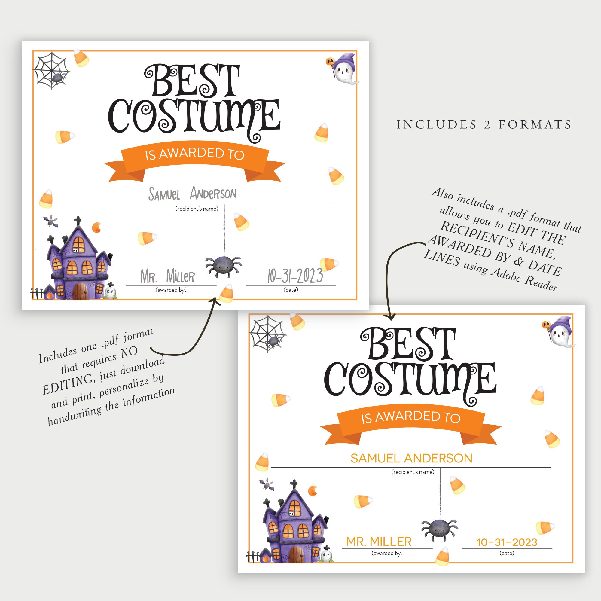 Printable Halloween Best Costume Award Certificate, Trick or Treat ...