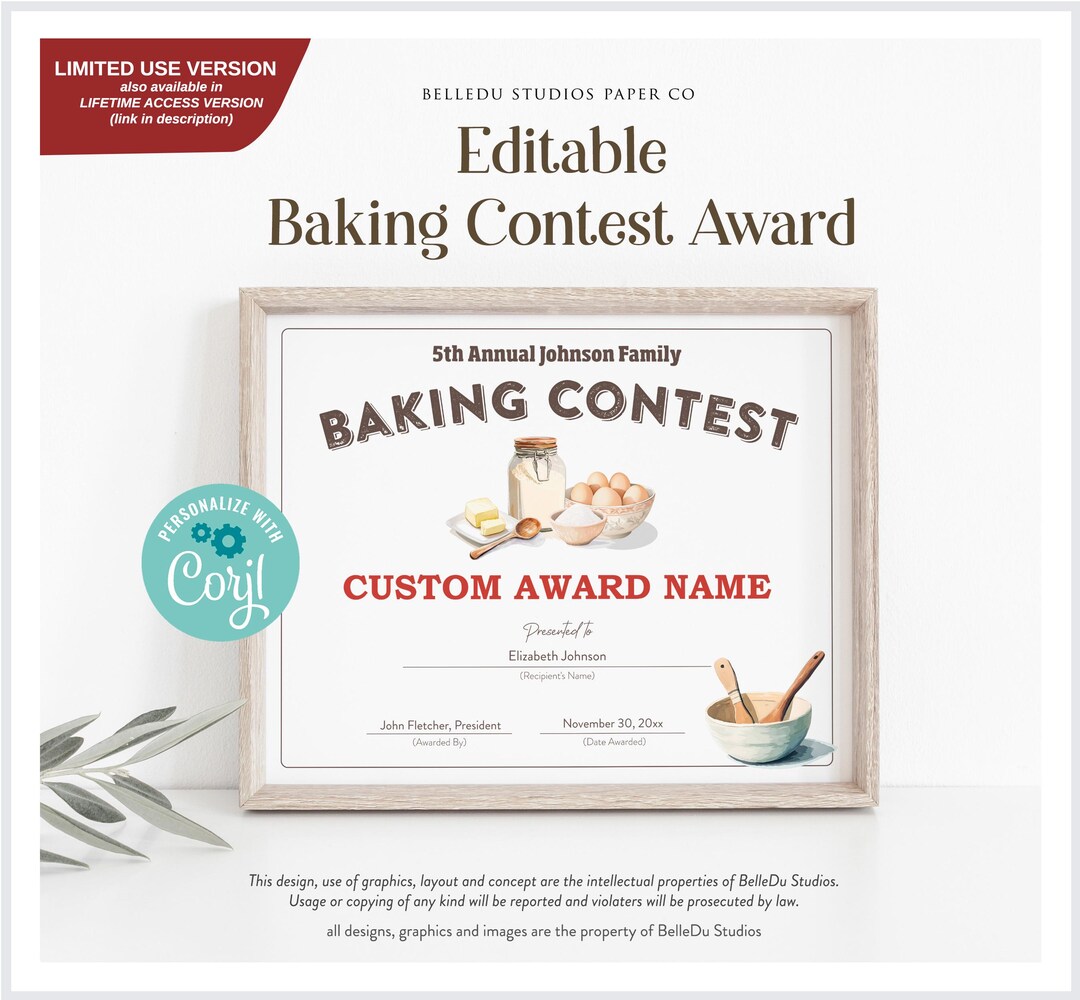 Baking Contest Award Certificate Custom Editable Template for Bake-off ...