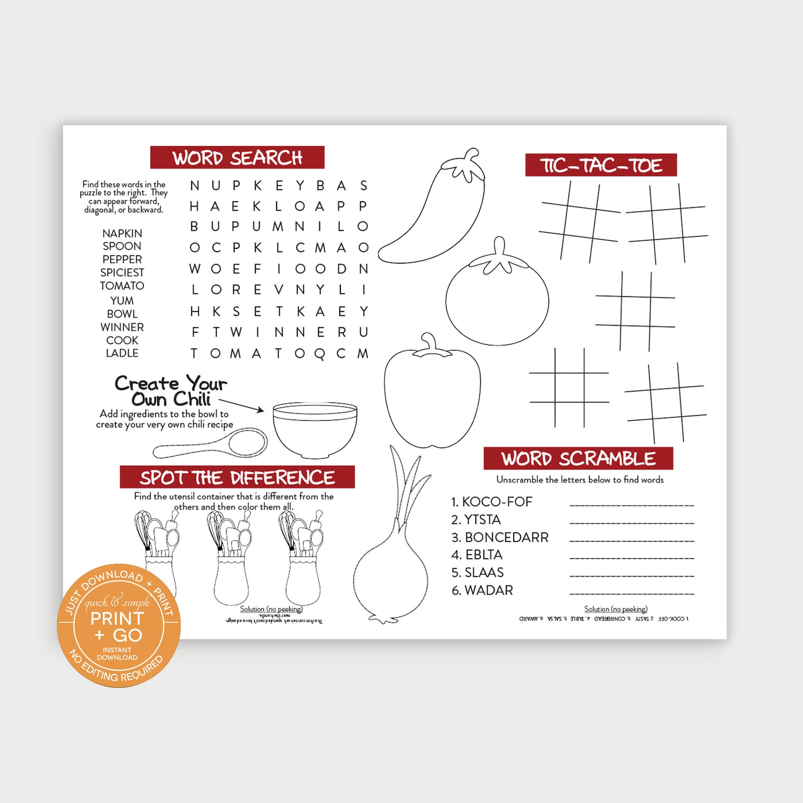 Printable Chili Cook-off Fun Activity and Game Sheet for Kids - Etsy