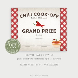 Printable Chili Cook-off Award Winner Certificate, Grand Prize Winner ...