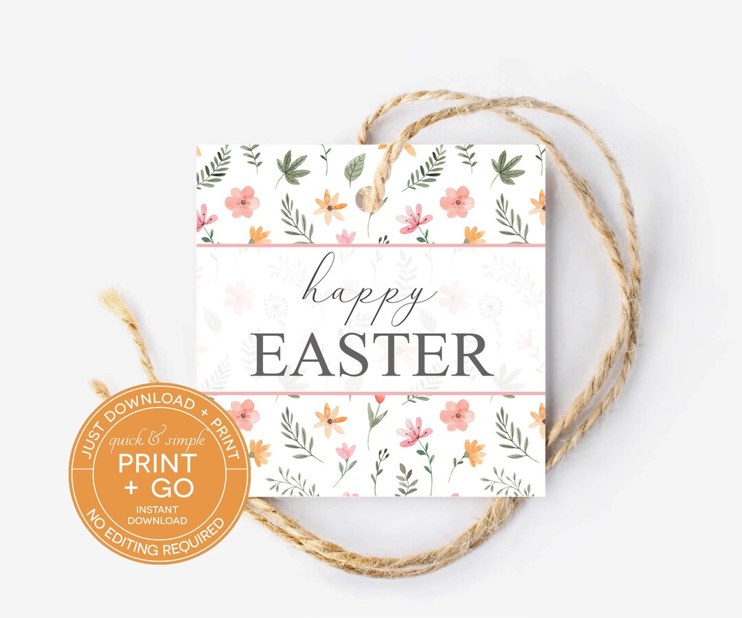 Printable Happy Easter Gift Tag, Minimalist Floral Easter Tag, Simple ...