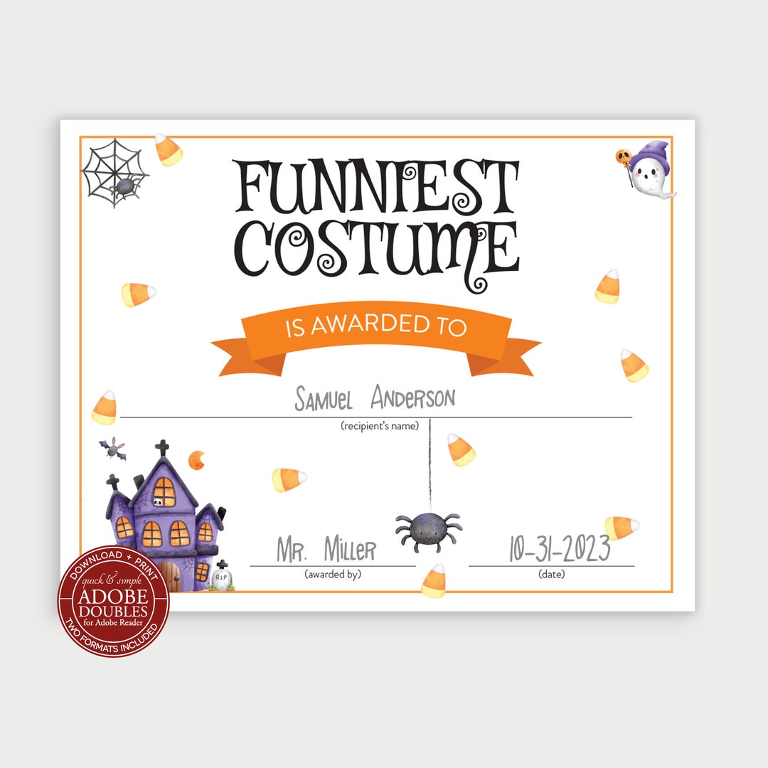 Printable Halloween Funniest Costume Award Certificate, Trick or Treat ...