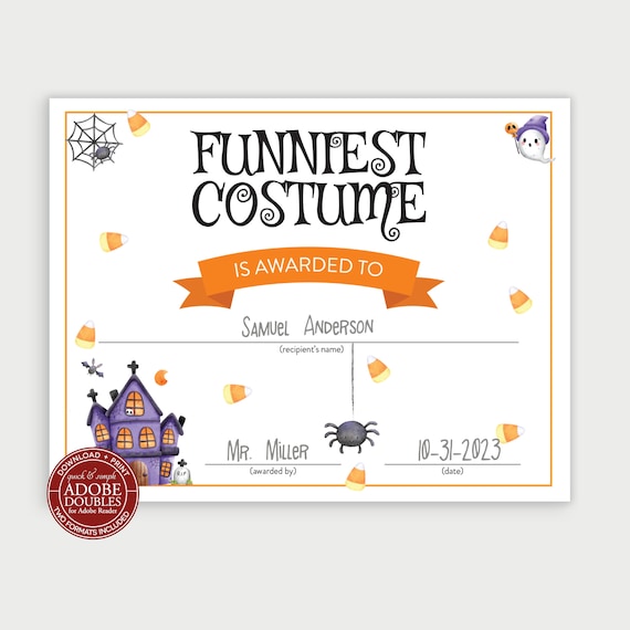Printable Halloween Funniest Costume Award Certificate Trick - Etsy