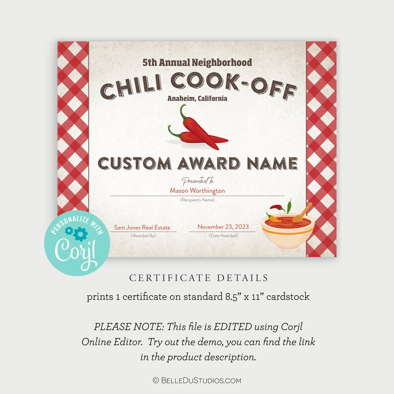 Printable Chili Cook-off Award Winner Certificate, Create Your Own ...