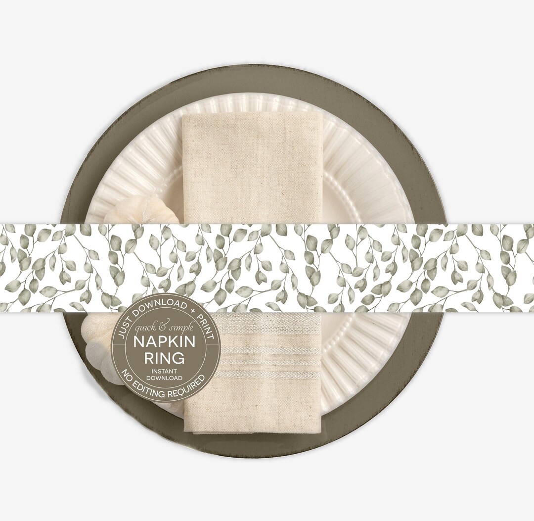 Printable Napkin Wrap, Watercolor Greenery Napkin Ring, Natural Leaves ...