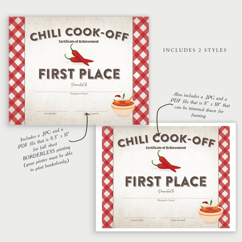 Printable Chili Cook-off Award Winner Certificate, First Place Prize ...