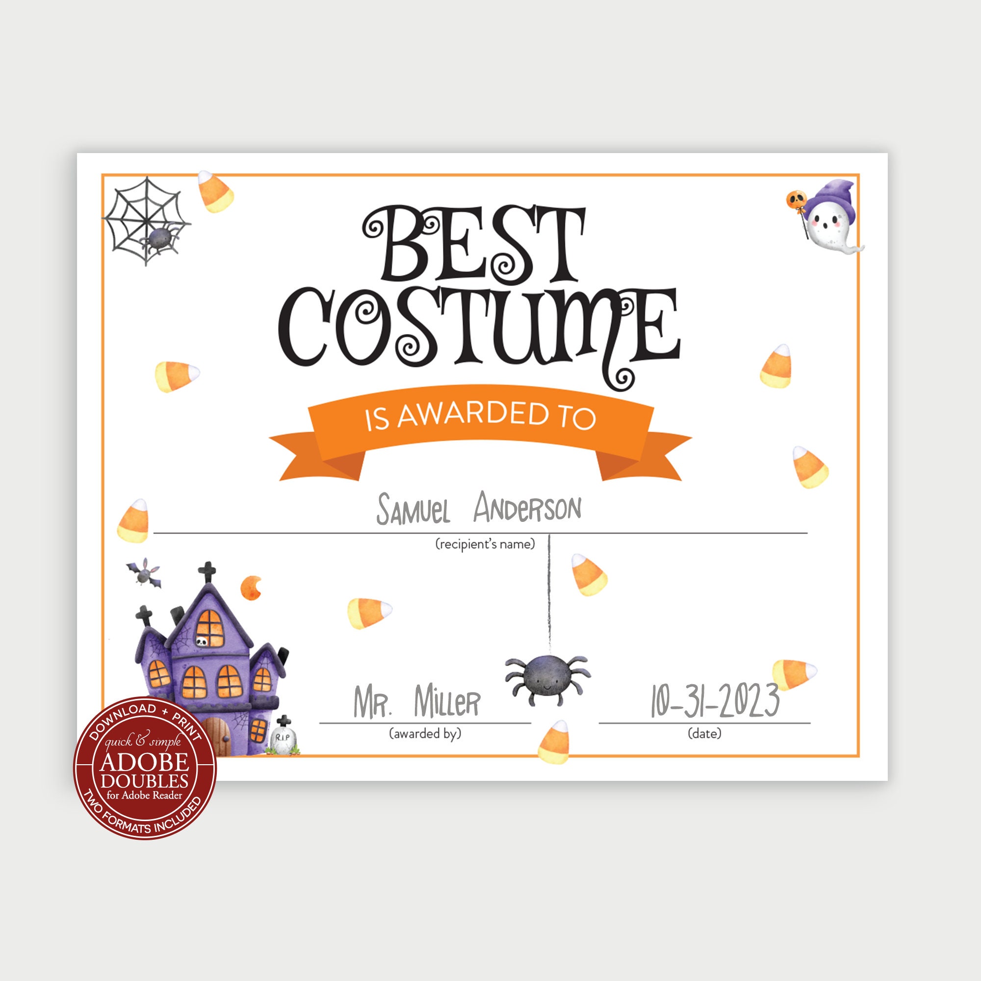 Printable Halloween Best Costume Award Certificate, Trick or Treat ...