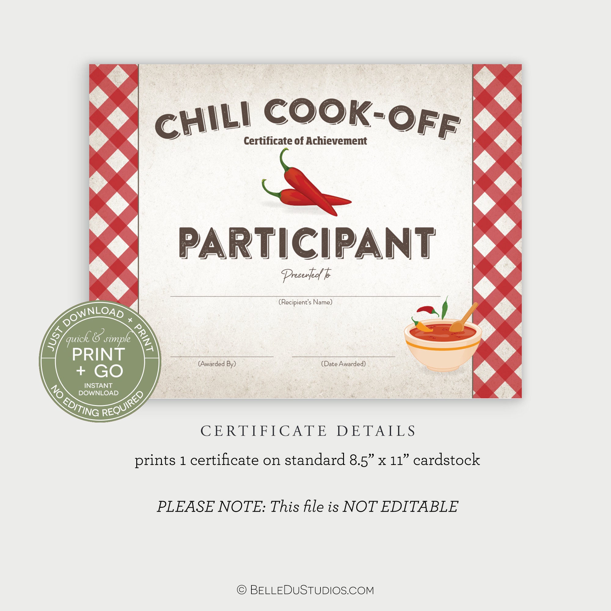 Printable Chili Cook-off Award Winner Certificate, Participant Chili ...