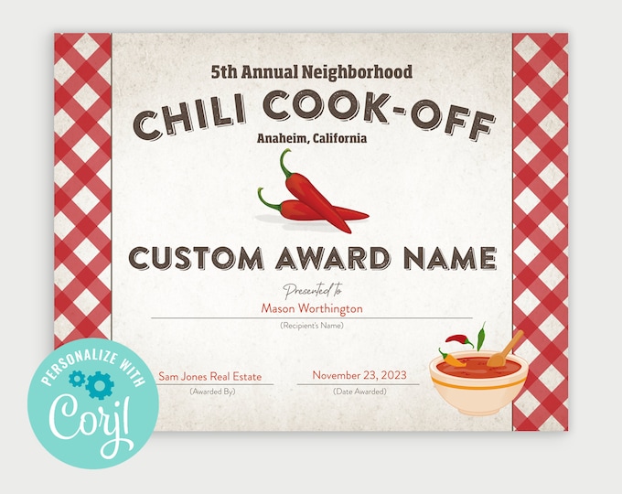 Printable Chili Cook-off Award Winner Certificate, Create Your Own ...
