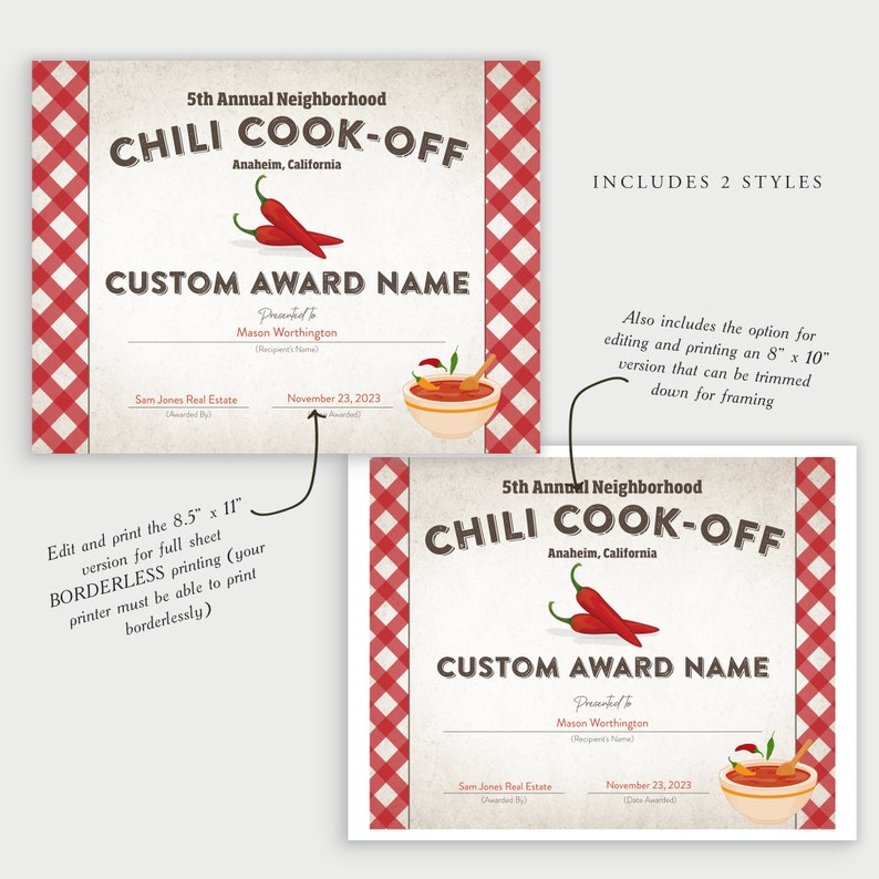 Printable Chili Cook-off Award Winner Certificate Create Your - Etsy