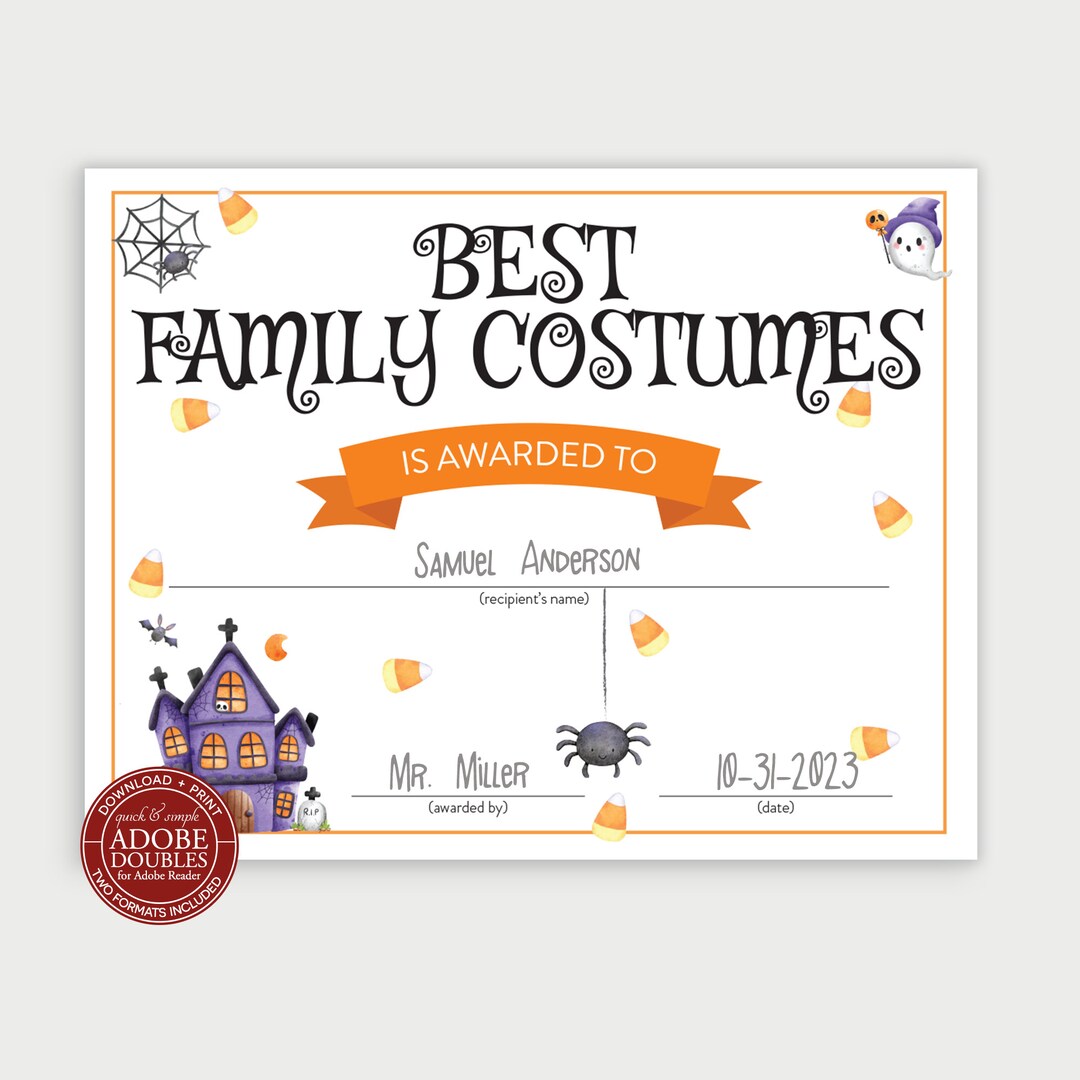 Printable Halloween Best Family Costumes Award Certificate, Trick or ...