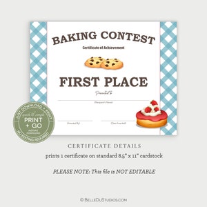 Printable Baking Contest Award Winner Certificate, First Place Winner ...