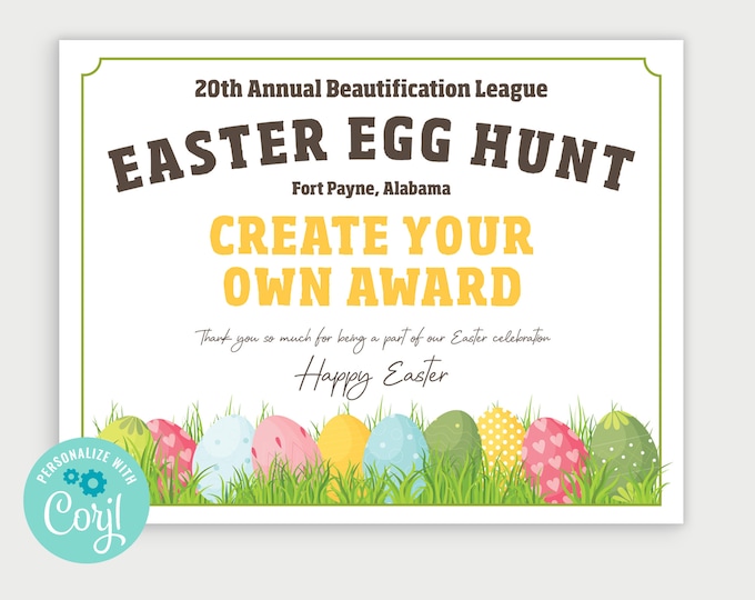 Printable Create-your-own Easter Egg Hunt Award Certificate, Custom ...