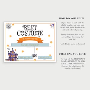 Printable Halloween Best Costume Award Certificate, Trick or Treat ...