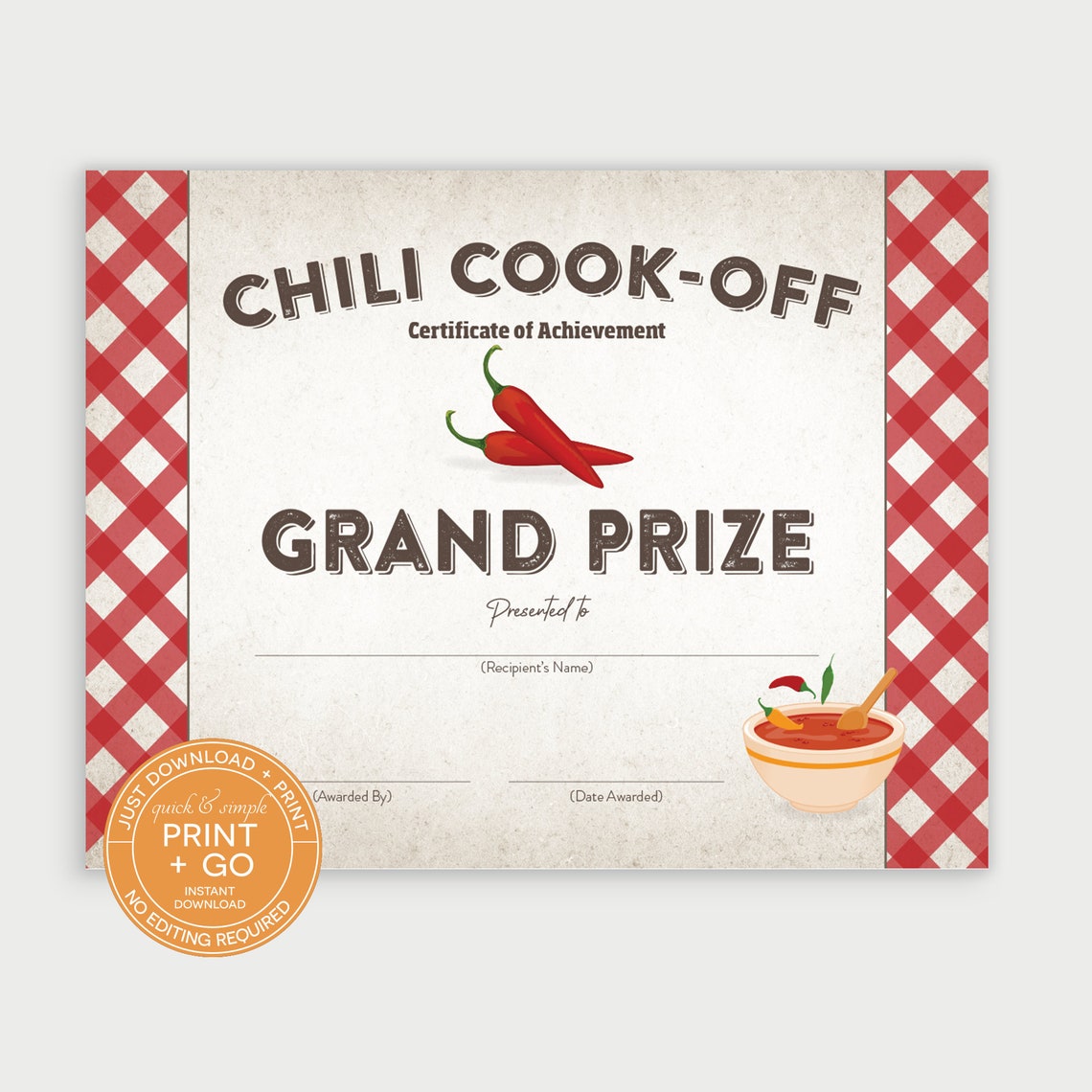 Printable Chili Cook-off Award Winner Certificate, Grand Prize Winner ...