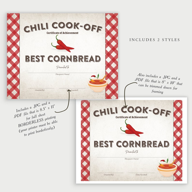 Printable Chili Cook-off Award Winner Certificate, Best Cornbread Prize ...