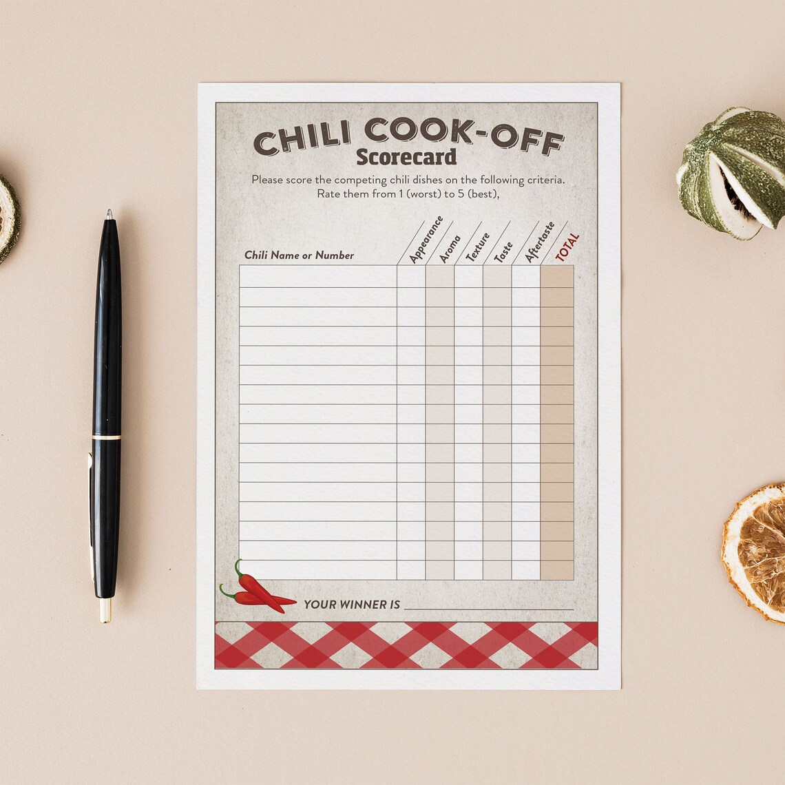Printable Chili Cook-off Scorecard, Cook off Competition Ranking Card ...