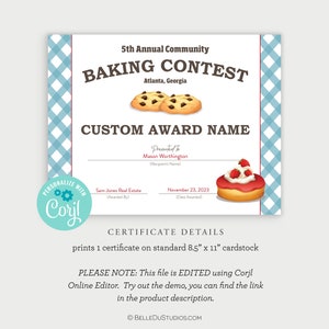 Printable Baking Contest Award Winner Certificate, Create Your Own ...