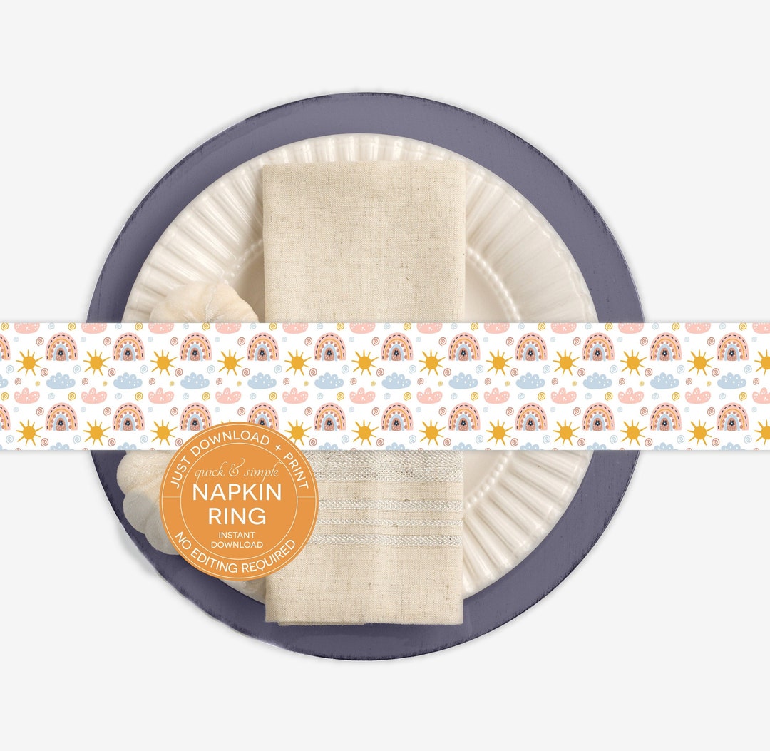 Printable Napkin Wrap, Boho Rainbows + Sunshine Napkin Ring, Rainbow ...