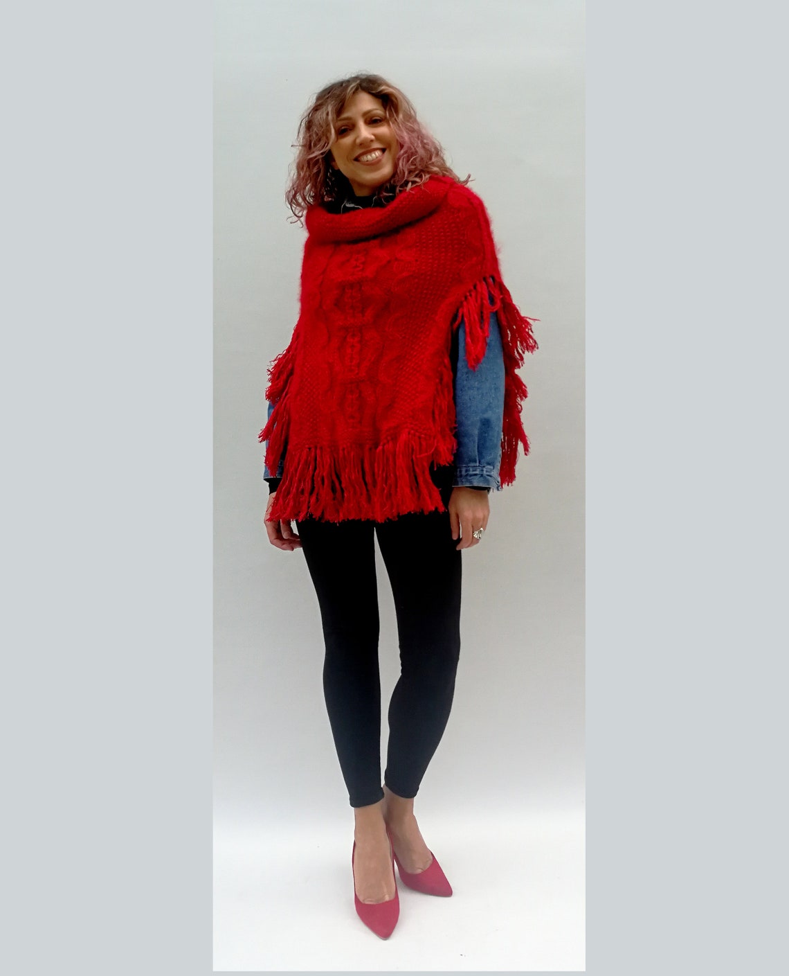 Red Poncho in Cashmere and Wool, Poncho With Fringes, Boho Chic Jacket ...