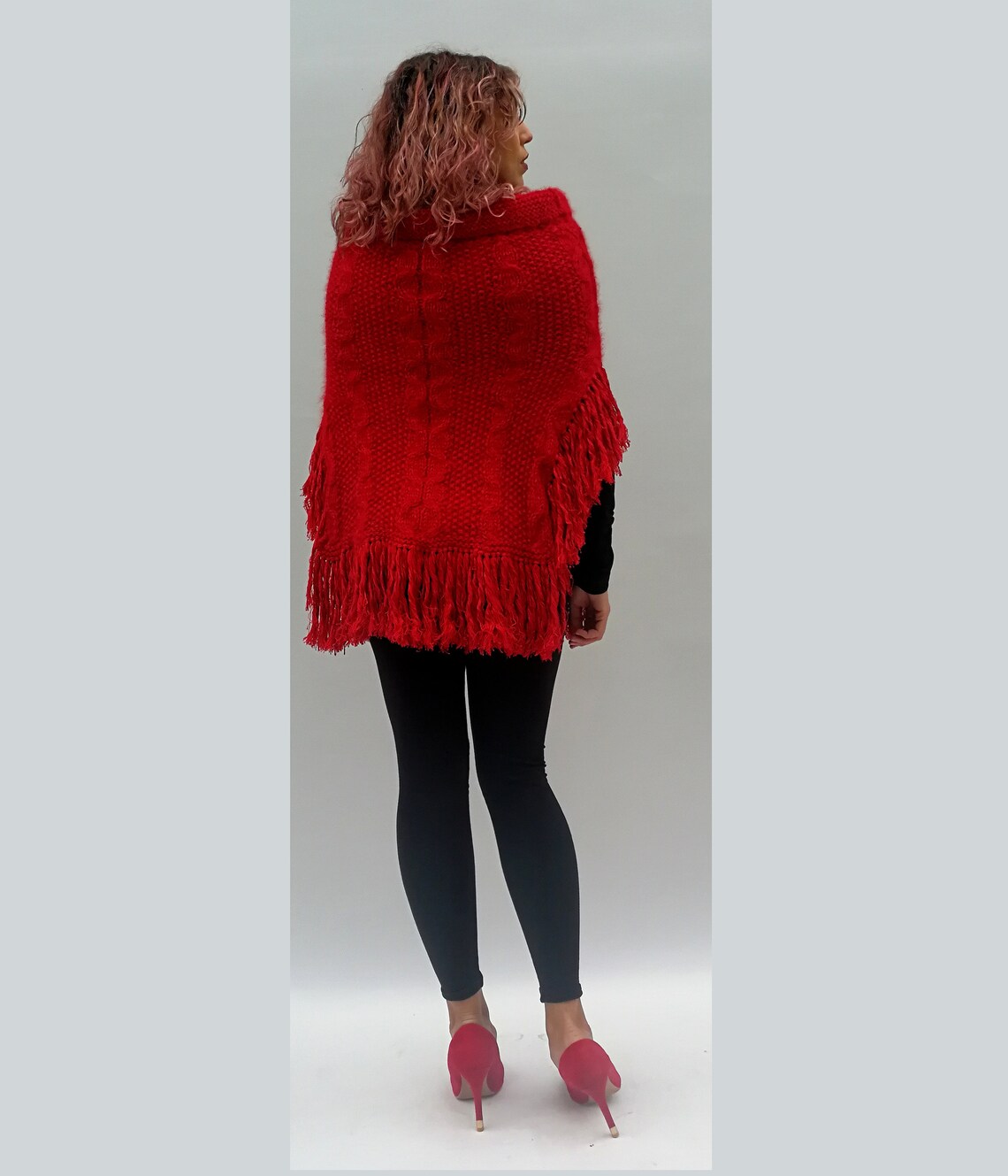 Red Poncho in Cashmere and Wool, Poncho With Fringes, Boho Chic Jacket ...