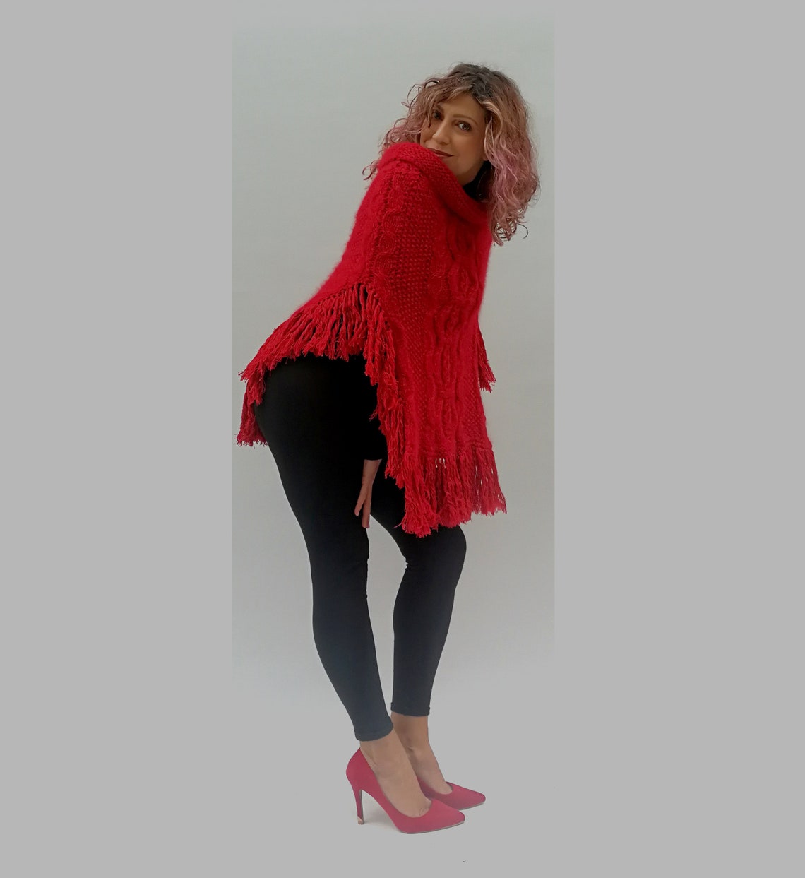 Red Poncho in Cashmere and Wool, Poncho With Fringes, Boho Chic Jacket ...