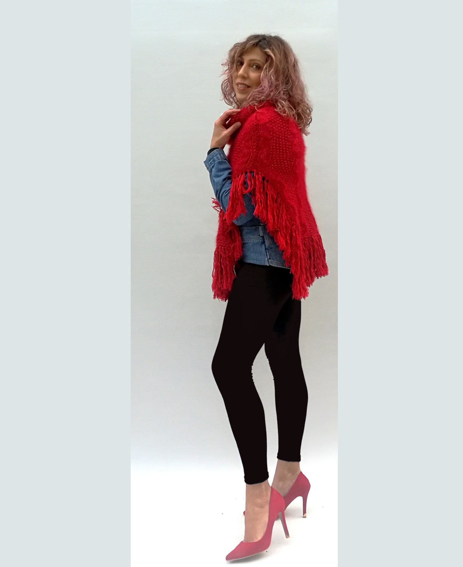 Red Poncho in Cashmere and Wool, Poncho With Fringes, Boho Chic Jacket ...