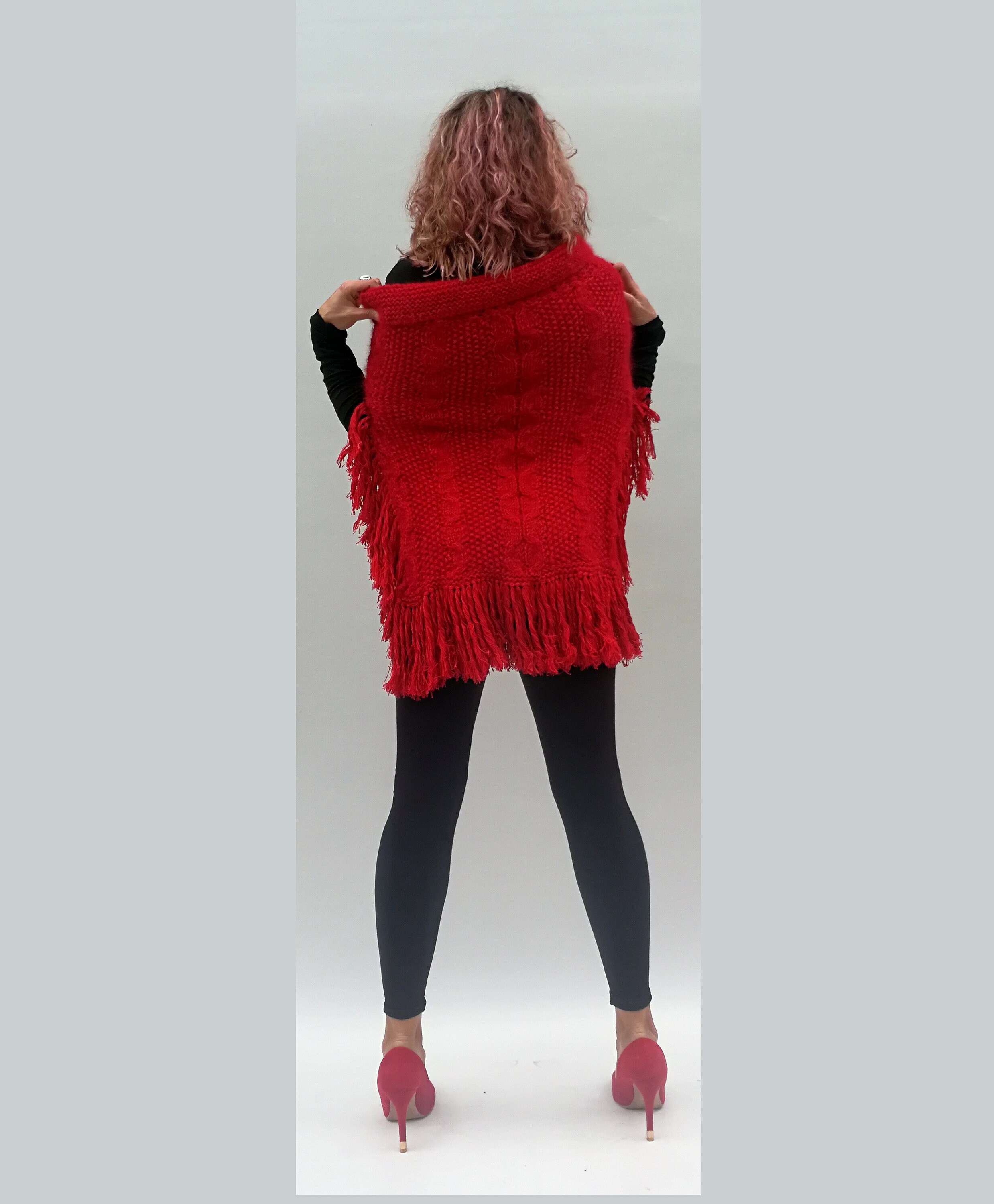 Red Poncho in Cashmere and Wool, Poncho With Fringes, Boho Chic Jacket ...