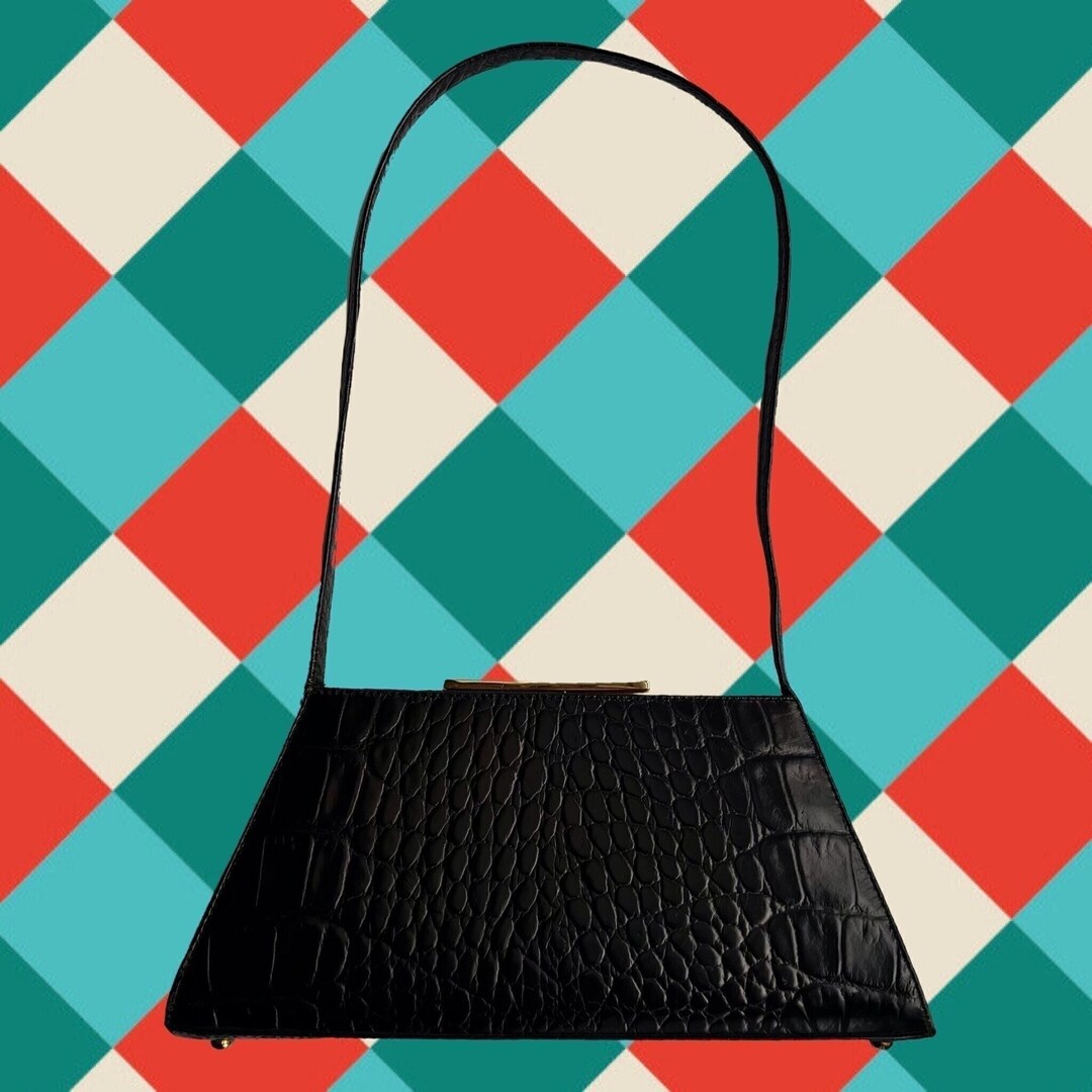 Vintage 90's Sharif Trapezoid Handbag • Black Leather Embossed With ...