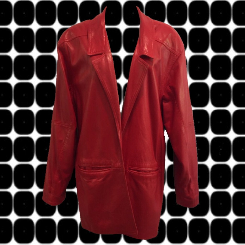Vintage 80's Bright Red Leather Jacket • Oversized Style • Open Front ...