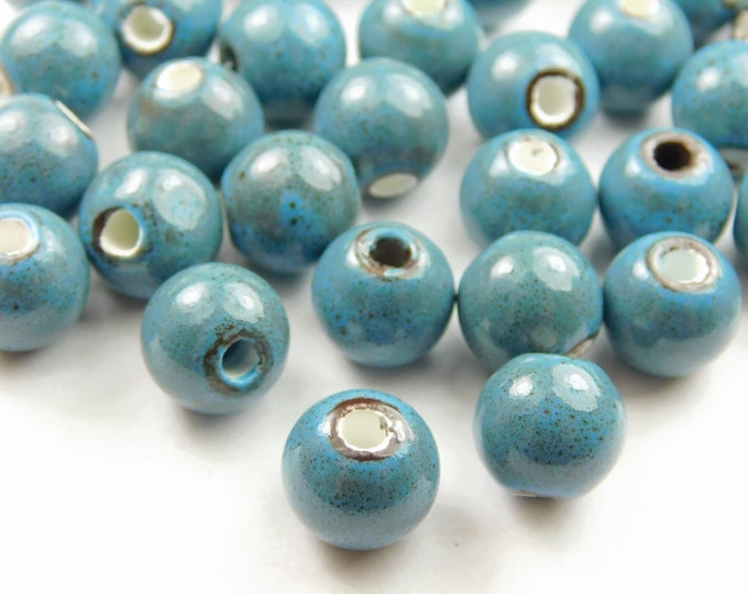 15 Pcs - 10.5x9.5mm Glazed Antiqued Blue Porcelain Beads - Round ...
